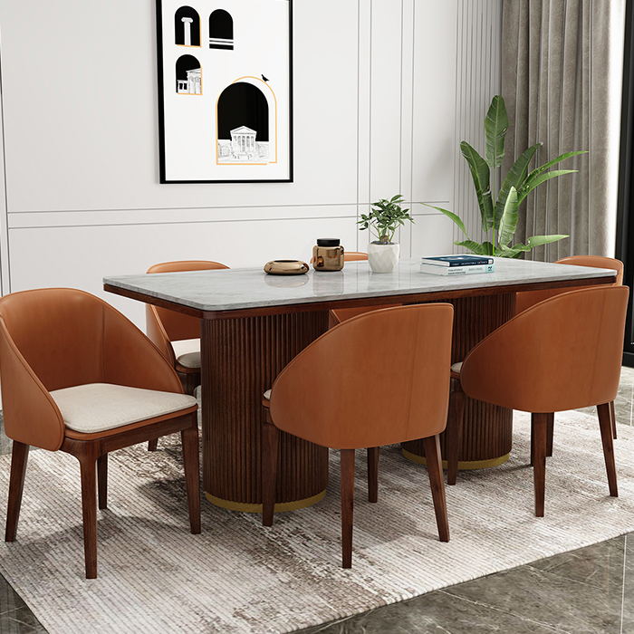 Marble Top Teak Wood 6 Seater Dining Table Set (Teak Finish ...